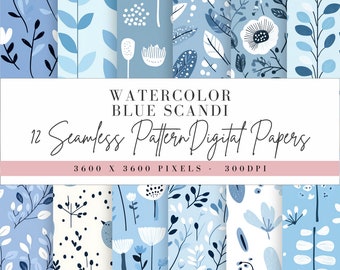 Blue Scandi Digital Paper, Watercolor Style, Commercial Use PNG, Skandi ...