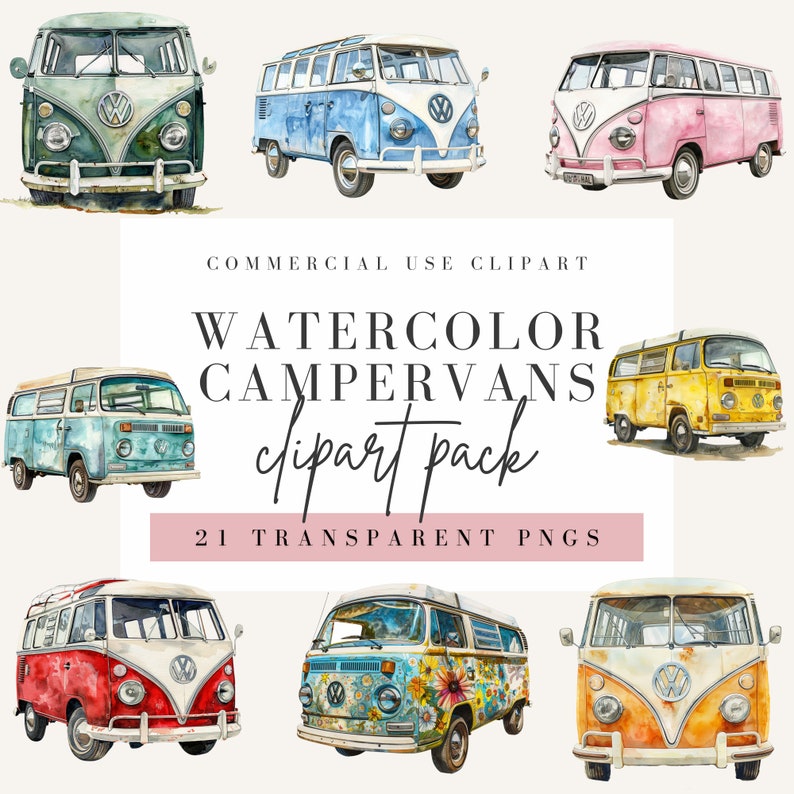 Campervan Watercolor Clipart, Transparent Commercial Use PNG, Two Tone ...