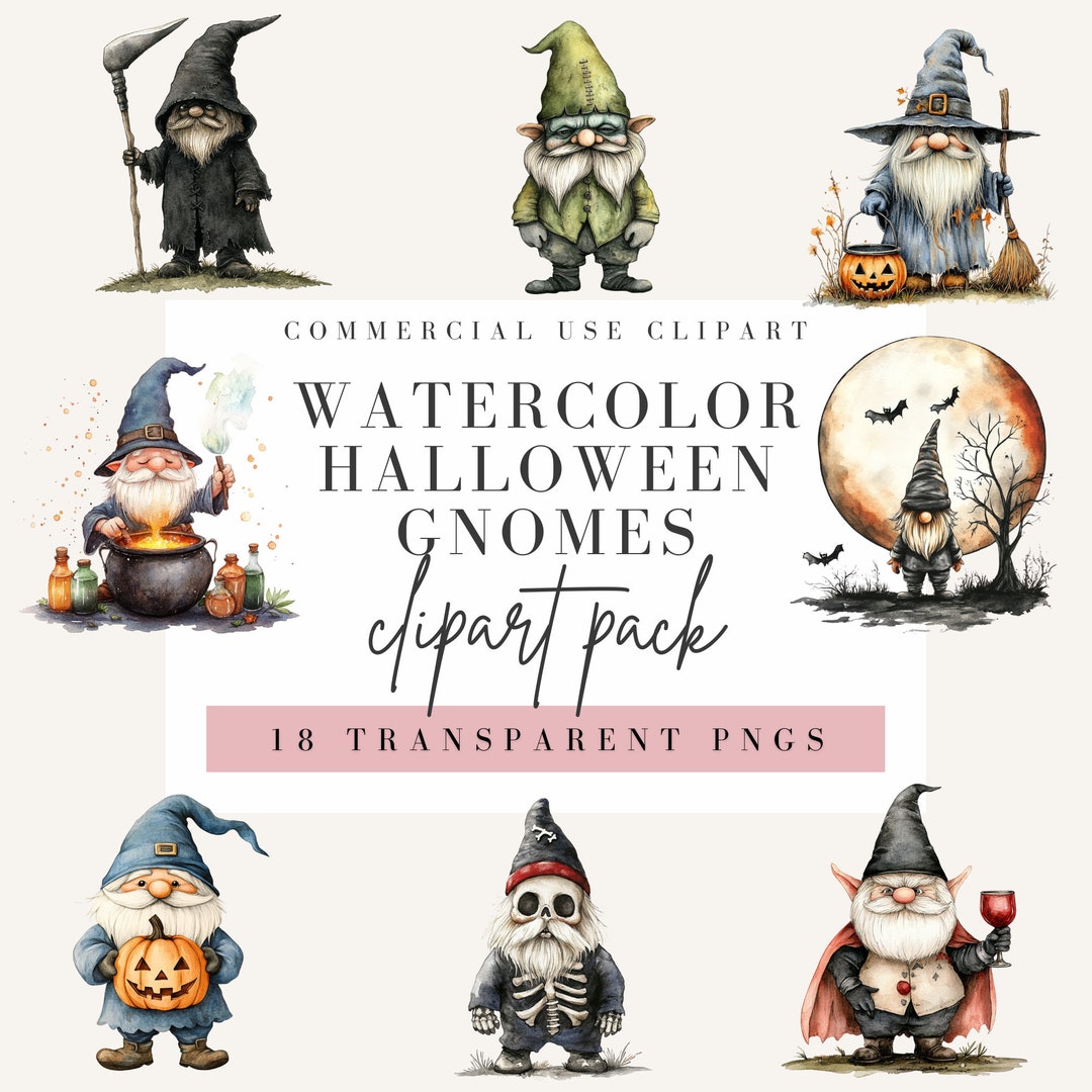 Halloween Gnomes Clipart, Watercolor Style, Transparent Background ...