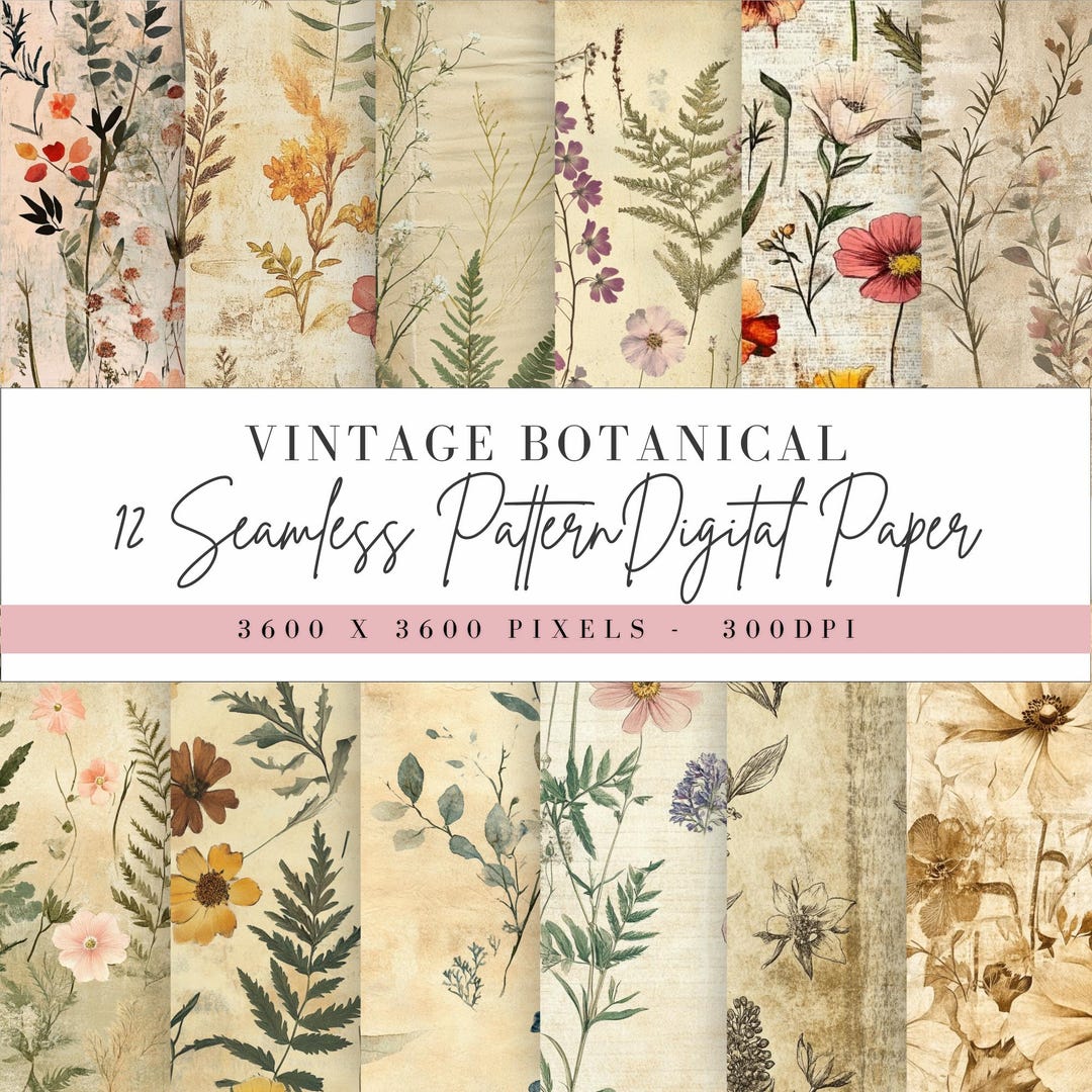 Vintage Botanical Digital Paper, Commercial Use PNG, Antique Floral ...