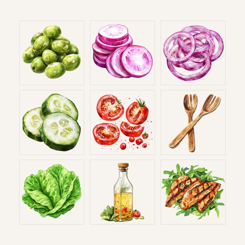 Salad Ingredients Clipart, Watercolor Style, Transparent Background ...