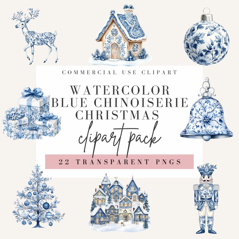 Chinoiserie Christmas Clipart, Watercolor Style, Transparent Background ...