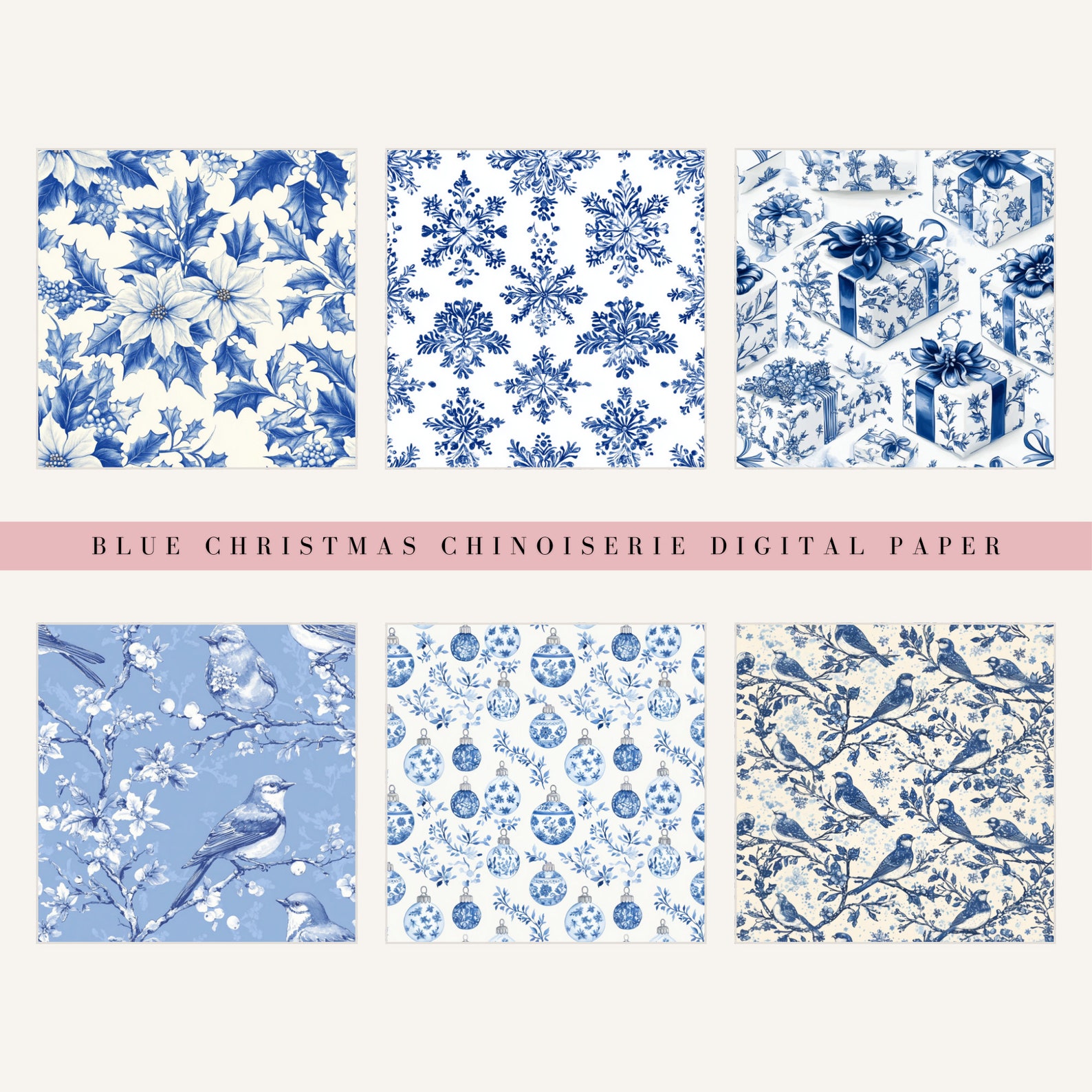 Blue Christmas Chinoiserie Digital Paper, Toile Pattern, Commercial Use ...