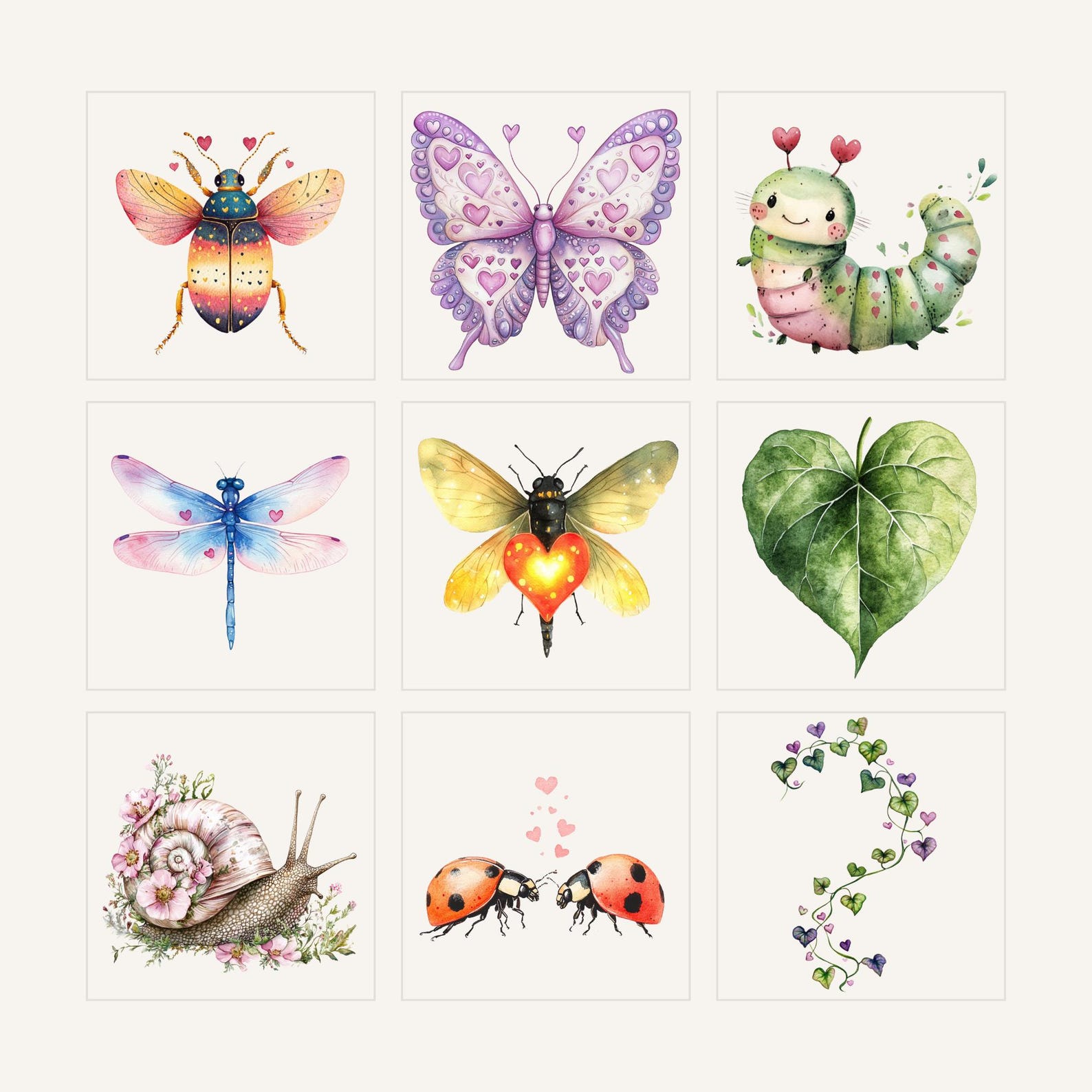Enchanted Garden Love Bugs Clipart, Watercolor Style, Transparent ...