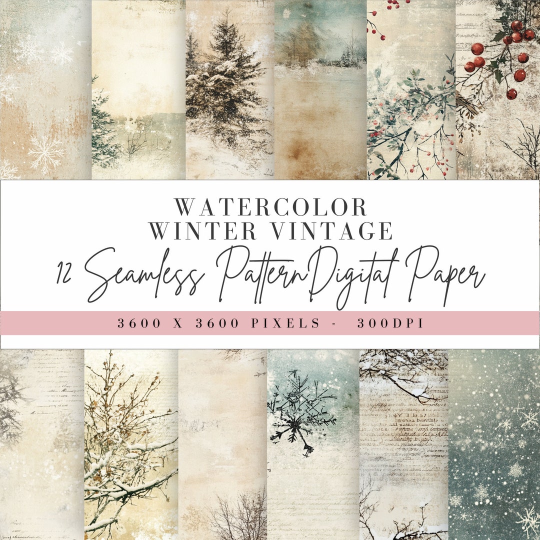 Winter Vintage Digital Paper, Watercolor Style, Commercial Use PNG ...