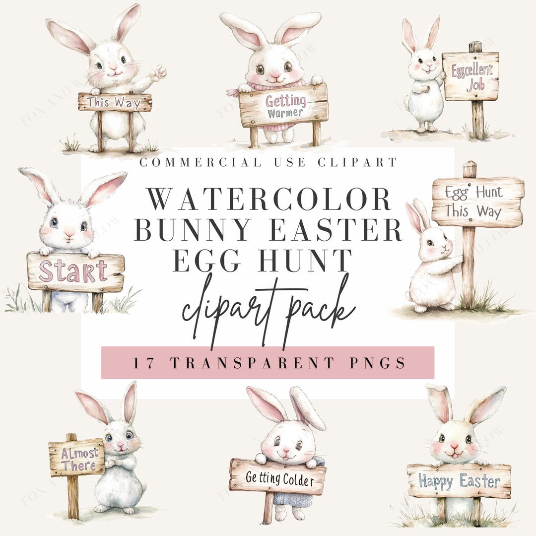 Bunny Easter Egg Hunt Clipart, Watercolor Style, Spring Bunnies Clip ...