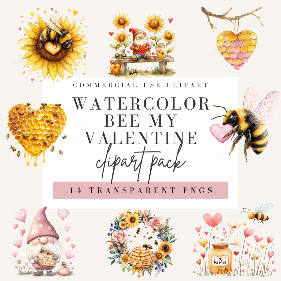 Bee My Valentine Clipart, Watercolor Style, Honey Bee Clip Art ...
