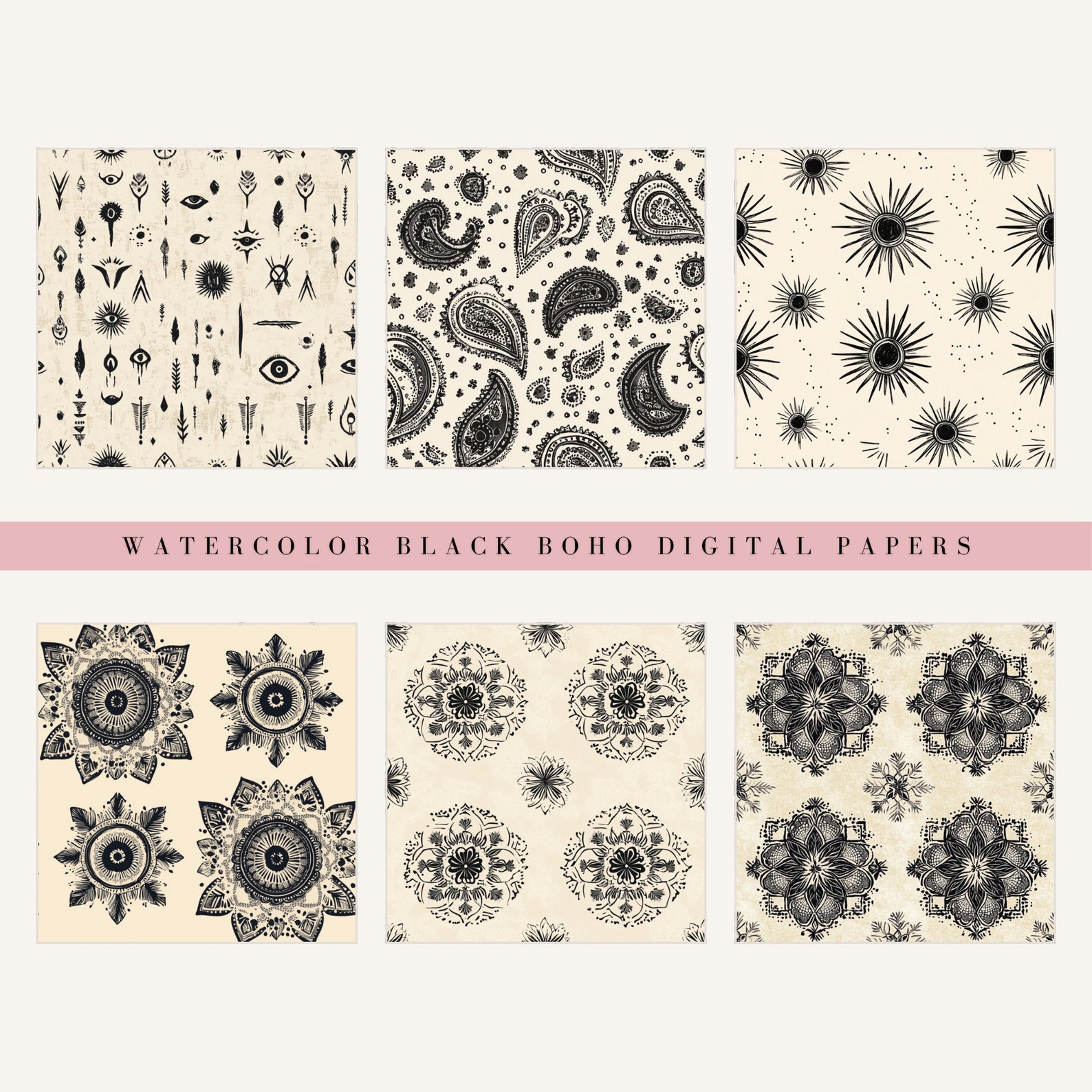 Black Boho Digital Paper, Watercolor Style, Commercial Use PNG ...