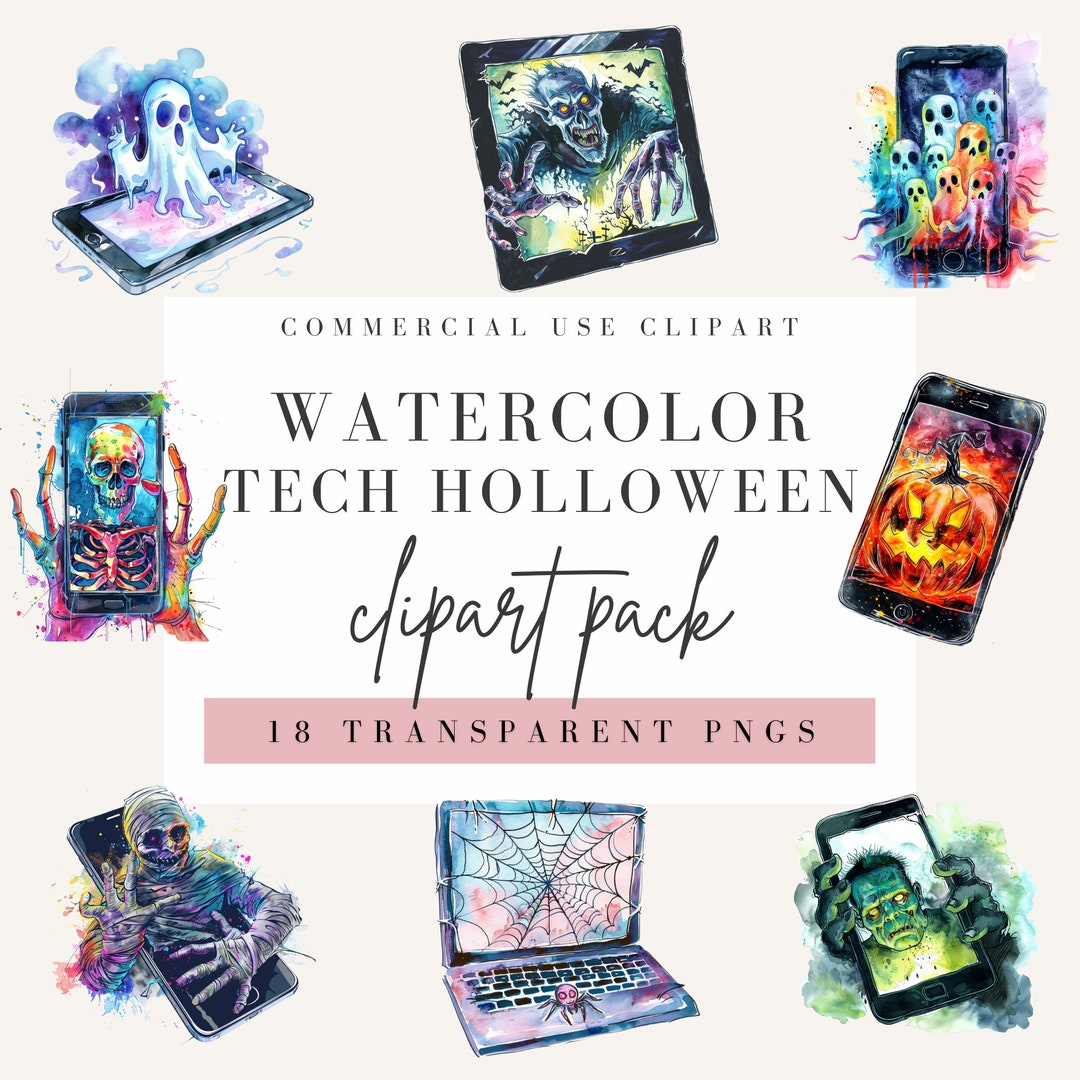 Tech Halloween Clipart, Watercolor Transparent Background, Commercial ...