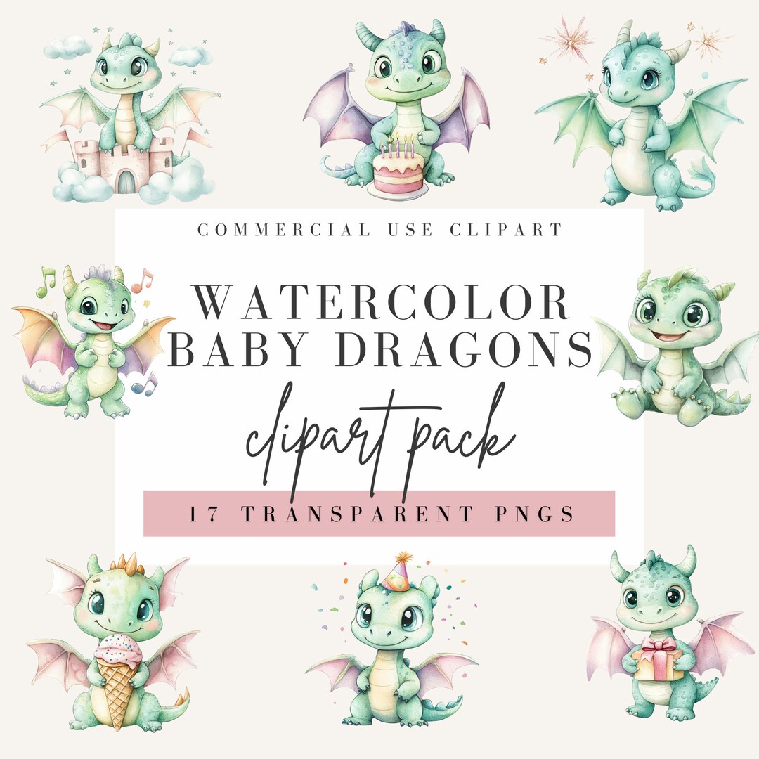 Cute Dragons Clipart, Watercolor Style, Transparent Background ...