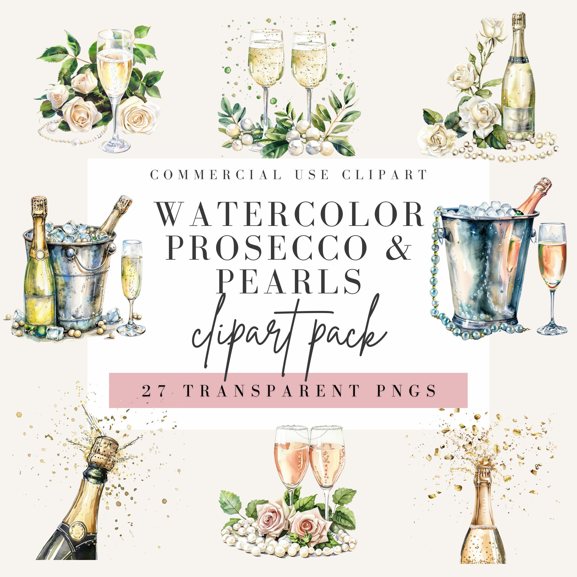 Prosecco and Pearls Clipart, Watercolor Style, Transparent Commercial ...