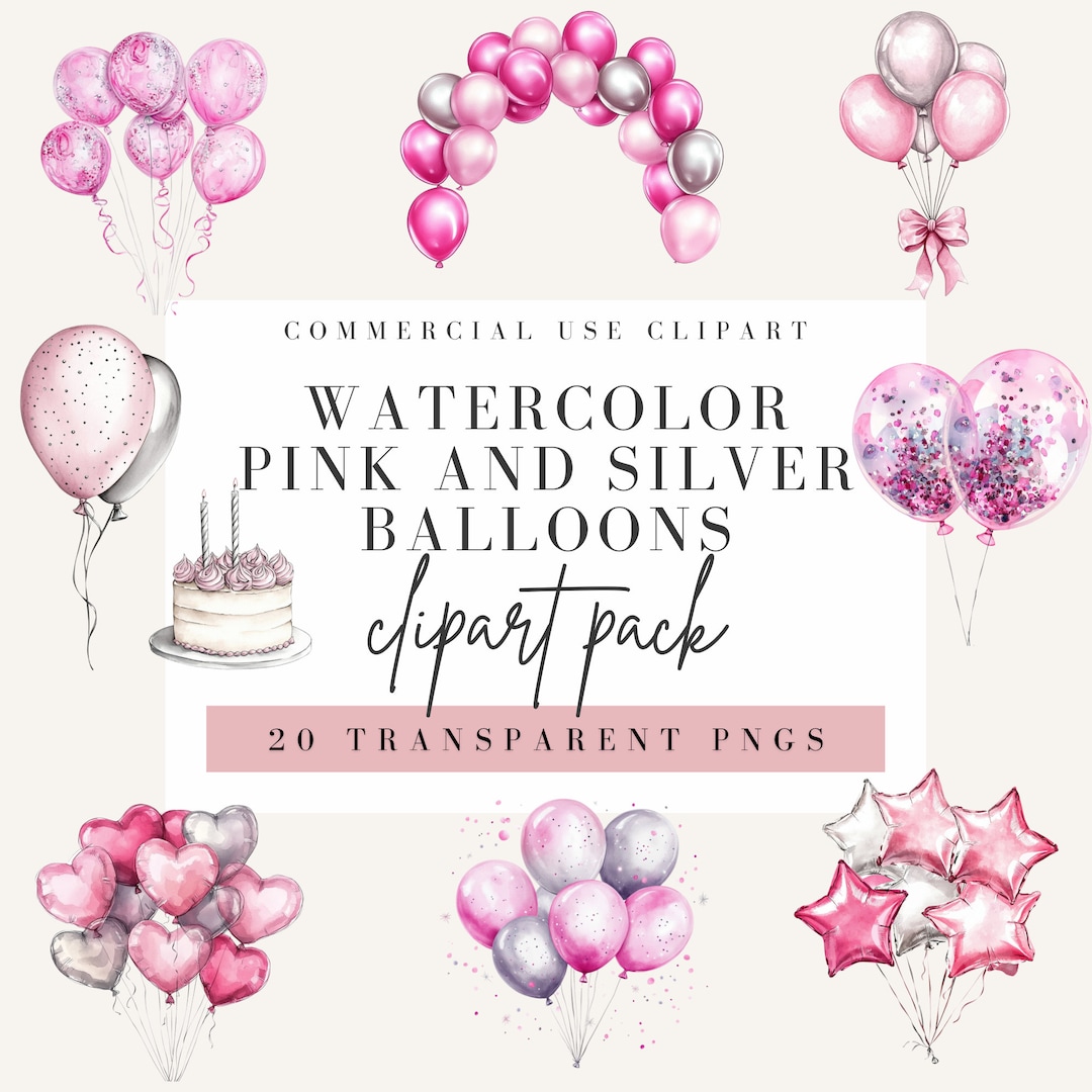 Pink and Silver Balloons Clipart, Watercolor Style, Transparent ...