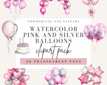 Pink and Silver Balloons Clipart, Watercolor Style, Transparent ...