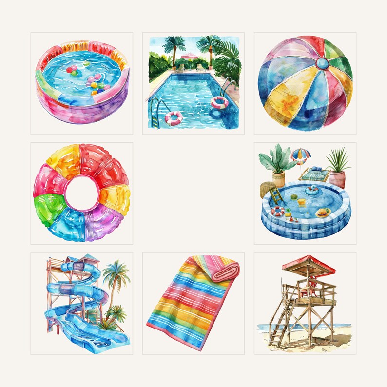 Pool Party Clipart, Watercolor Style, Transparent Background ...