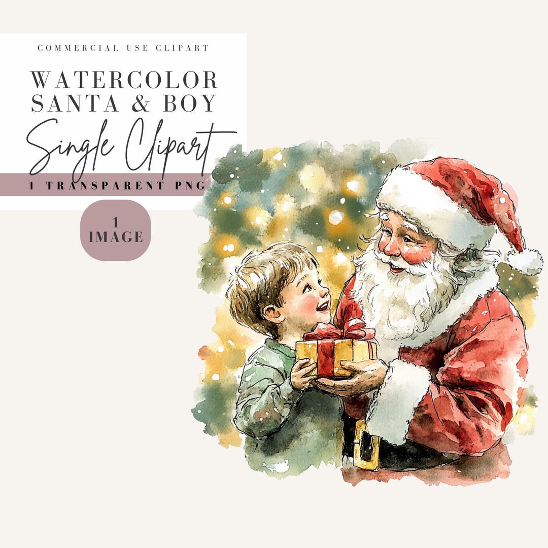 Santa and Boy Clipart, Watercolor Style, Transparent Background ...