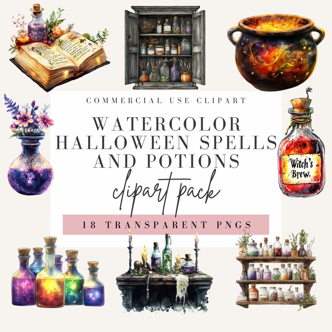 Halloween Spells and Potions Clipart, Watercolor Style, Transparent ...