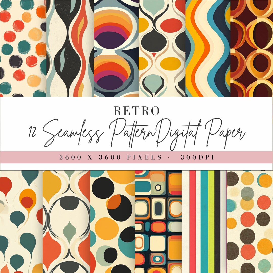 Retro Digital Paper, Commercial Use PNG, Groovy Boho Design, Wave Swirl ...