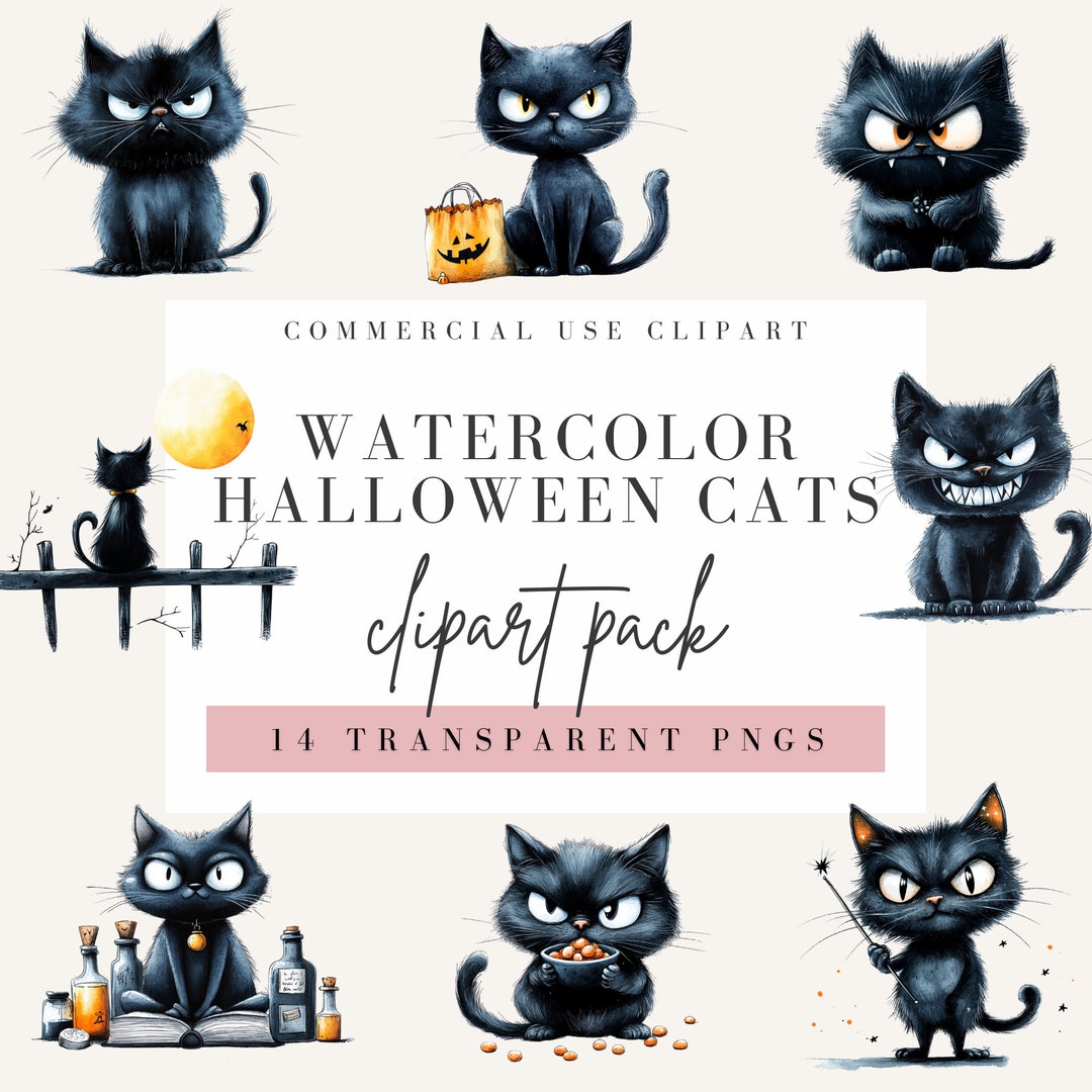 Halloween Cats Clipart, Watercolor Style, Transparent Background ...