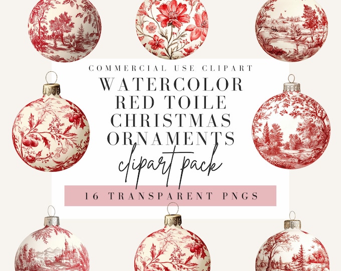 Red Toile Christmas Ornaments Clipart, Watercolor Style, Transparent ...