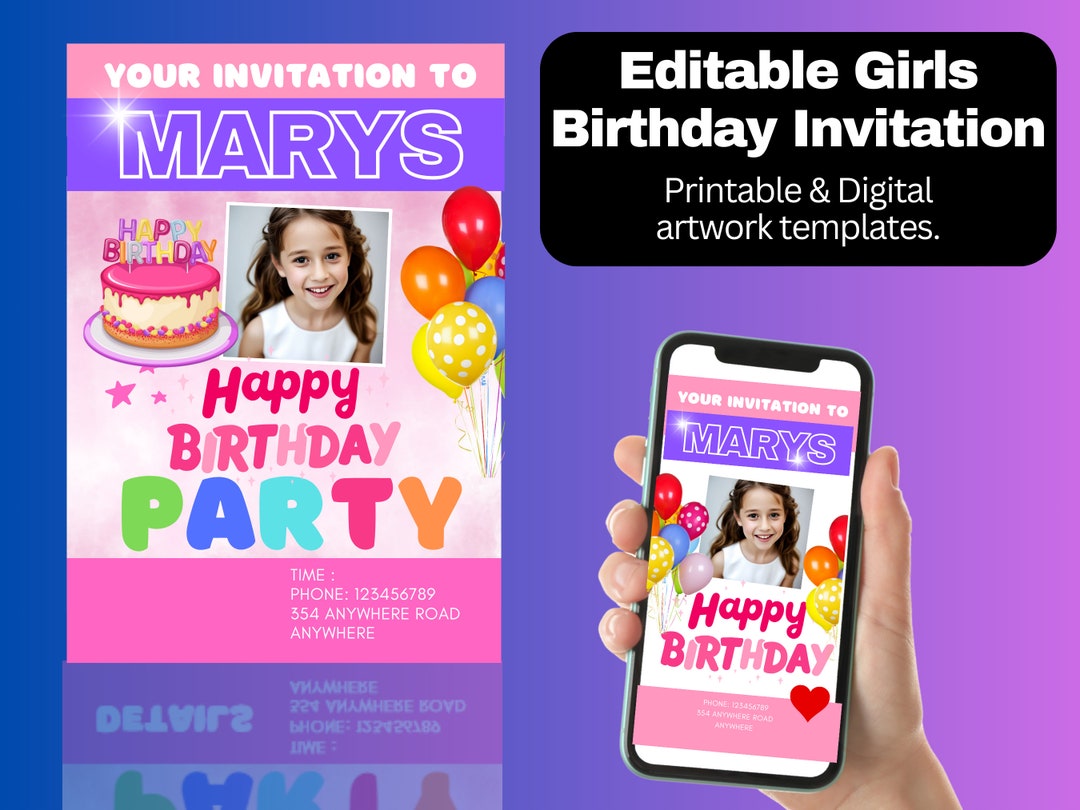 Fun Girls Birthday Party Invite Printable Template for Colorful ...