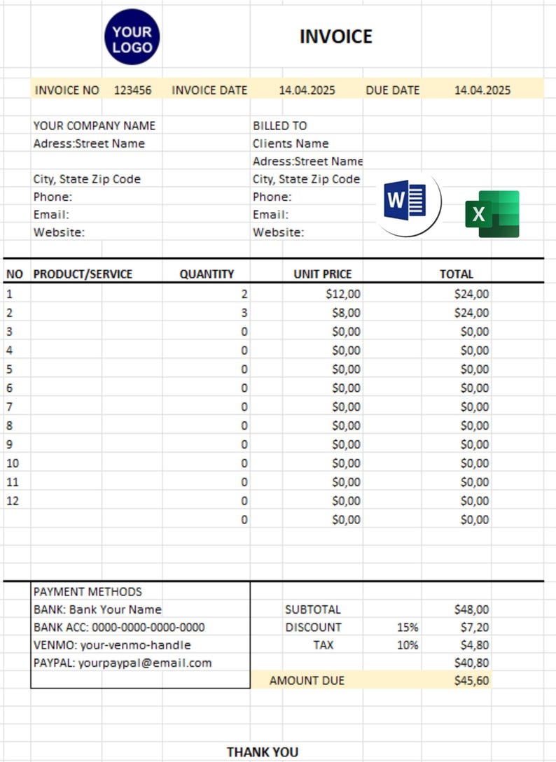 Invoice Template | Modern and Professional Invoice | Microsoft MS WORD ...