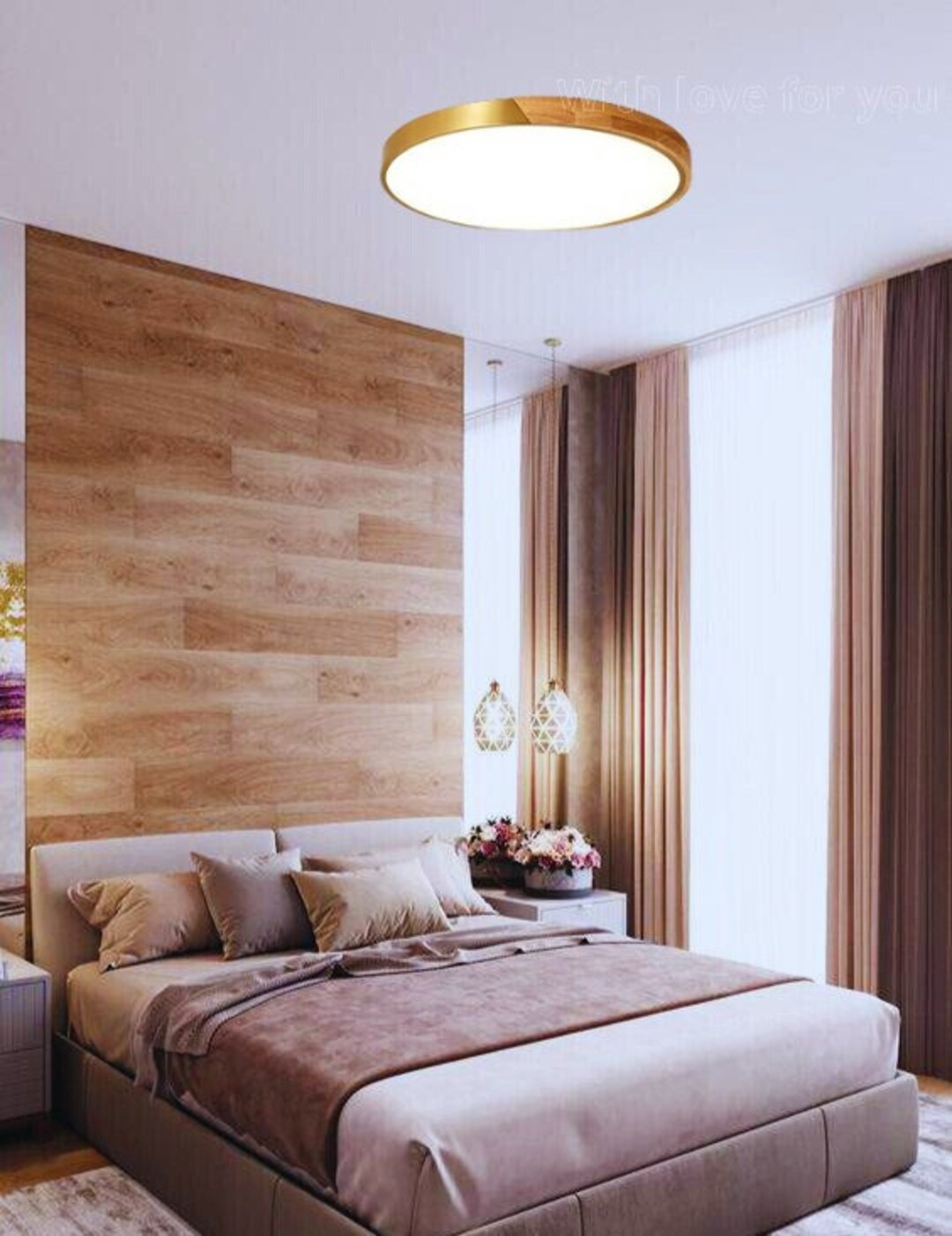 Gold Ceiling LED Fixture/bedroom Round Chandelier/wooden Flush Ceiling ...