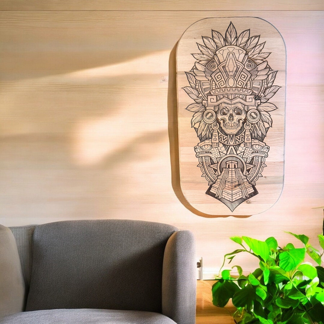 Wood Engraved Inca Art With Pyramid and Skull - Mystical Wall Decor ...