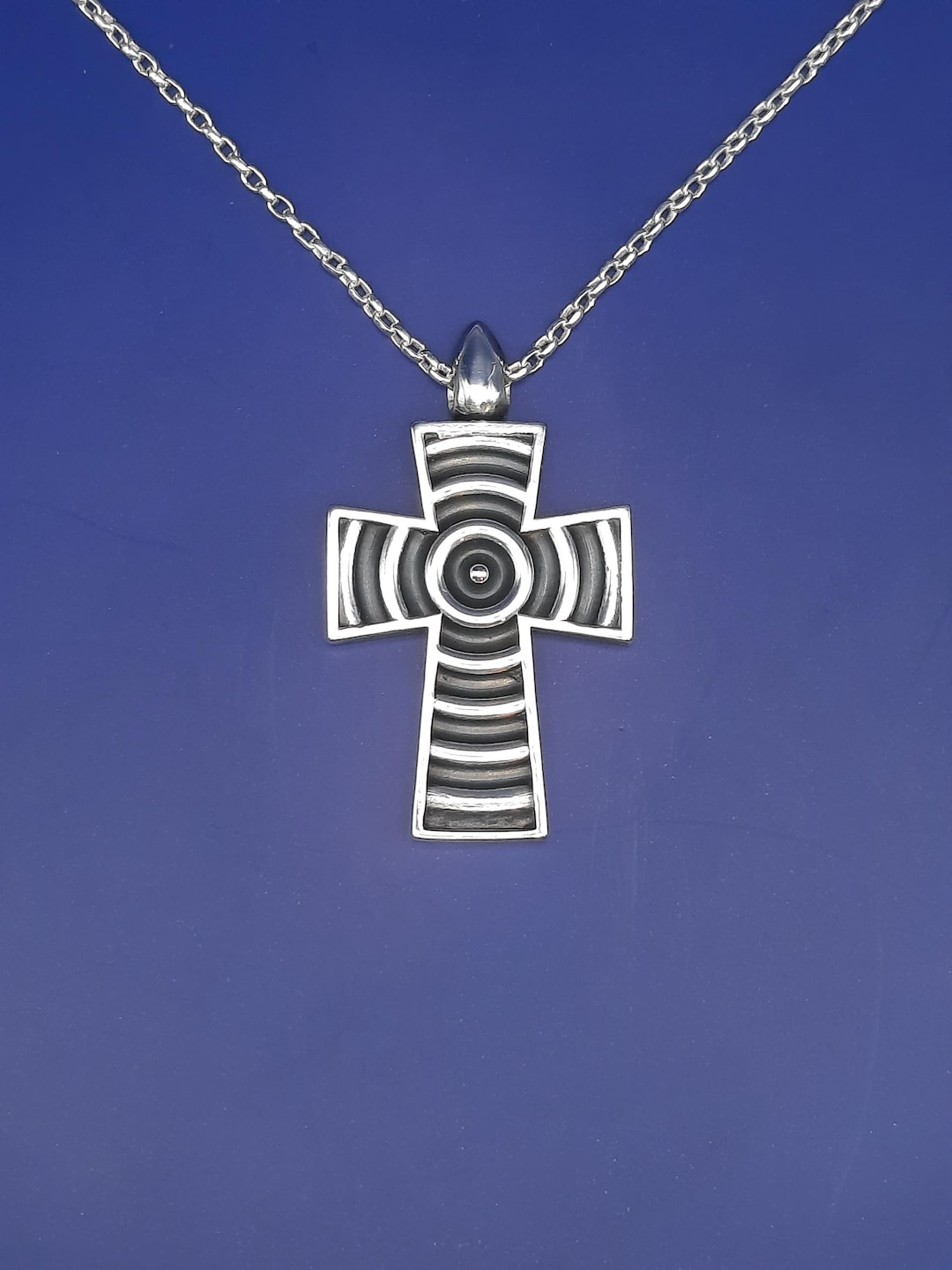 Ripple Cross Pendant With Droplet Bail in Sterling Silver on Rolo Chain ...