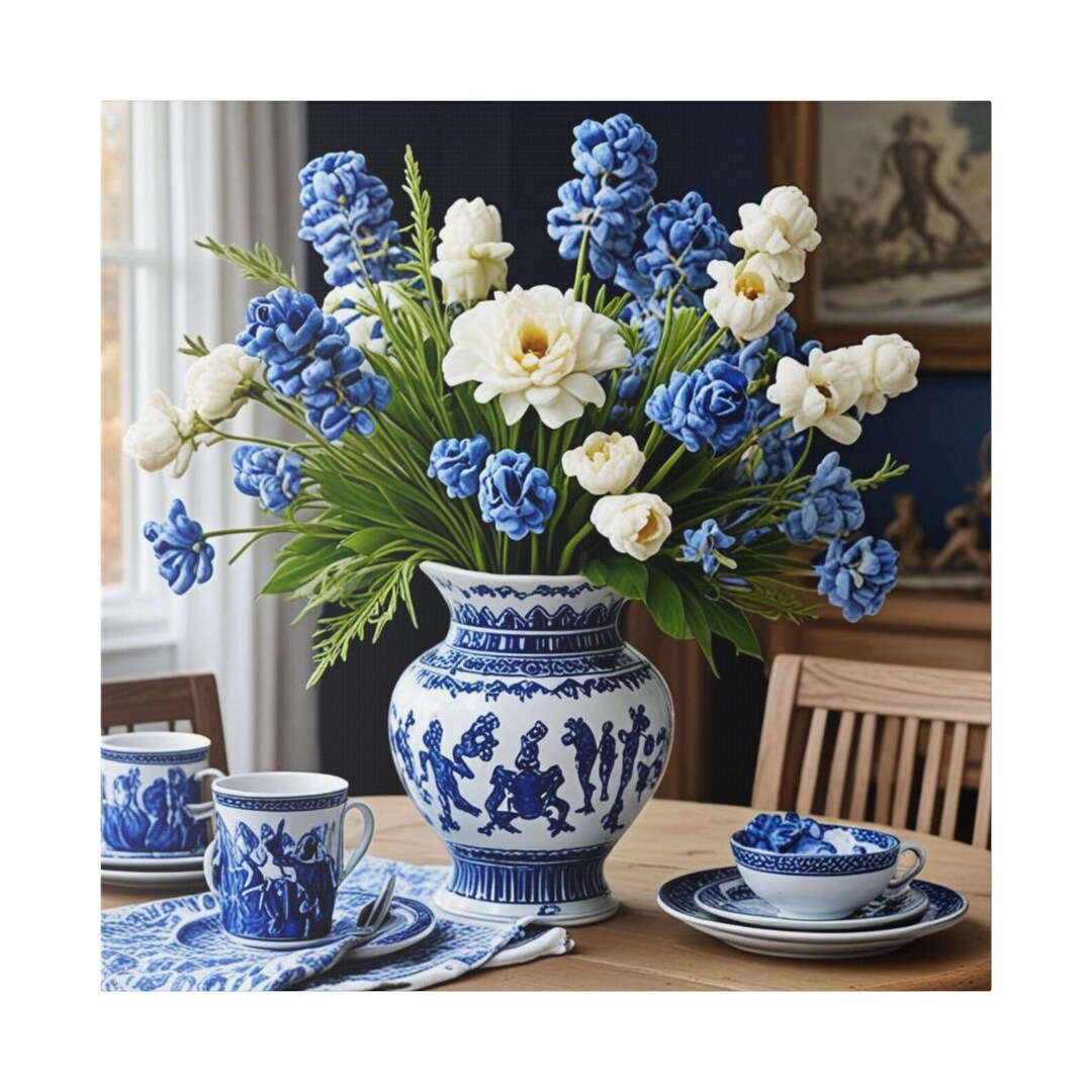 Delft Blue Flower Vase With Flowers on Table Having Tea, Delft Blue ...