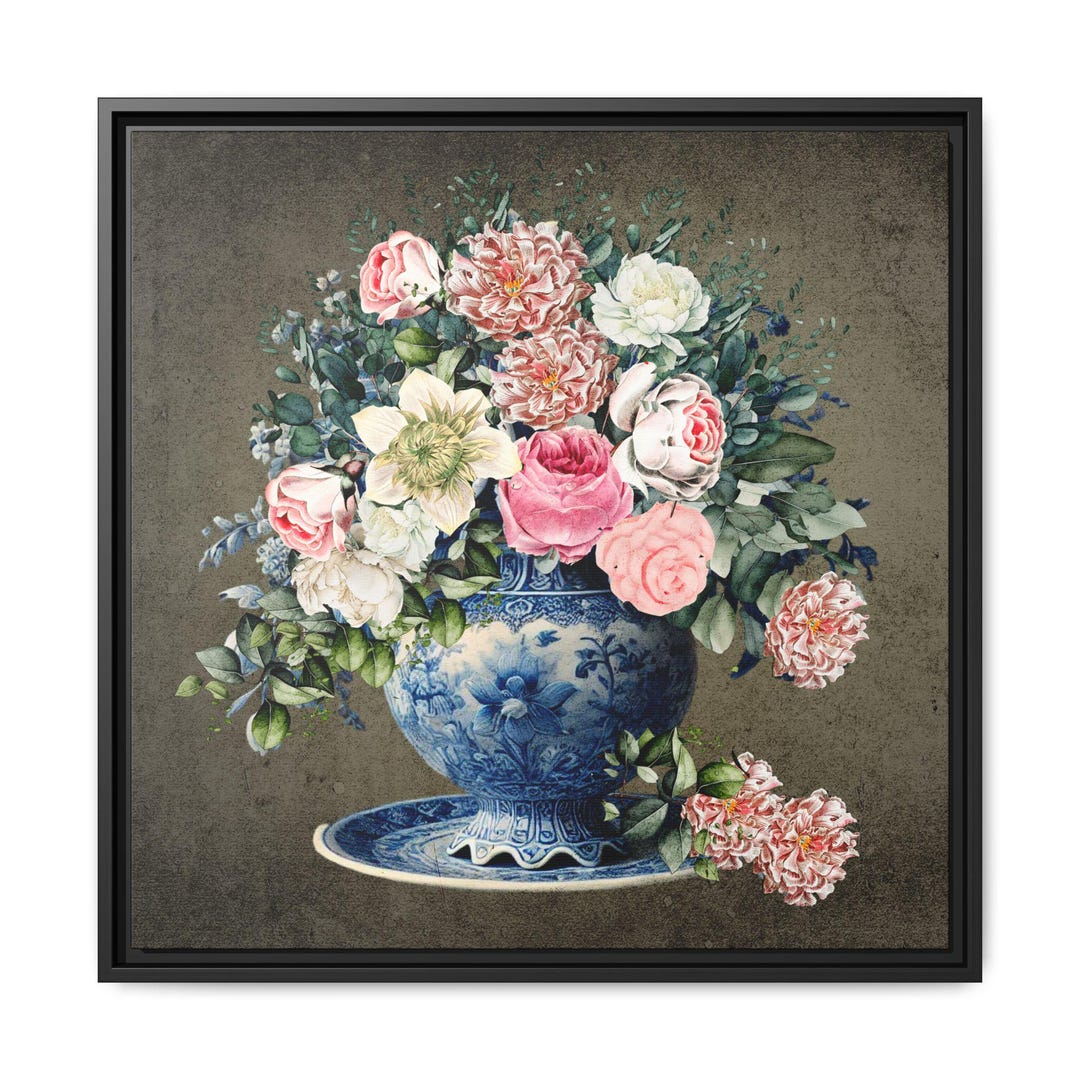 Framed Poster, Delft Blue Vase With Flowers, Matte Canvas, Wall Art ...