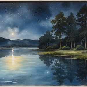 Night on the Lake Digital Watercolor Painting. Stary Night, Dreamy ...