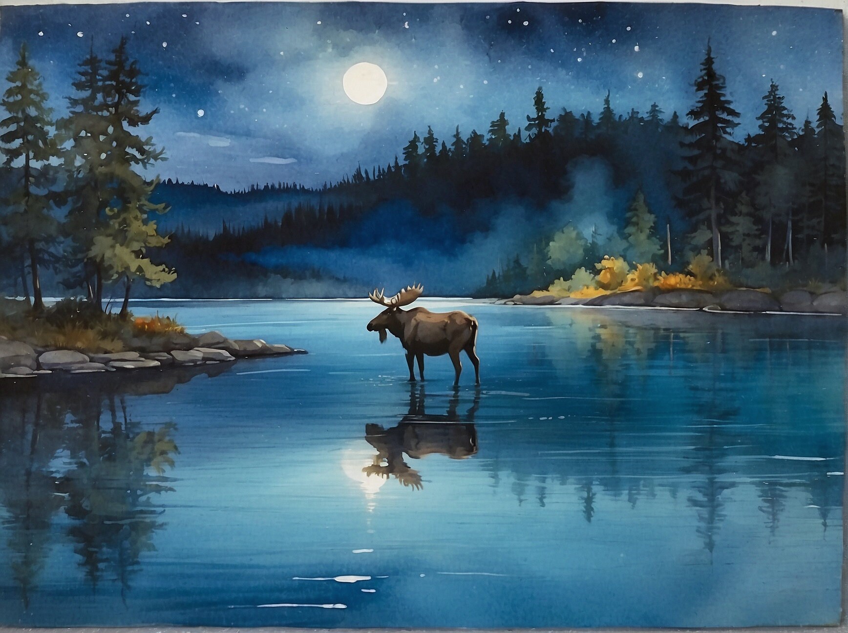 Moose on the Lake at Night Digital Watercolor Print. Size: 1736 X 1296 ...