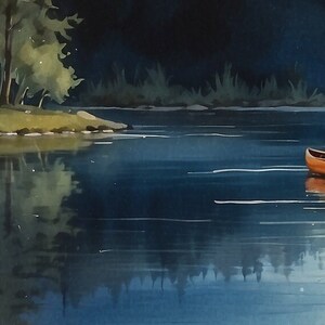 Digital Watercolor Print of a Cabin on the Lake at Night - Etsy