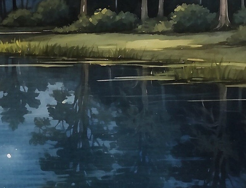 Night on the Lake Digital Watercolor Painting. Stary Night, Dreamy ...