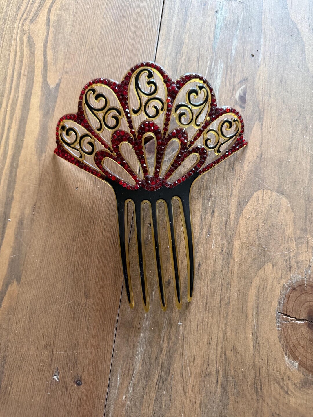 Genuine Bakelite Spanish Hair Comb – Red Rhinestone Fan Design – 1920s ...