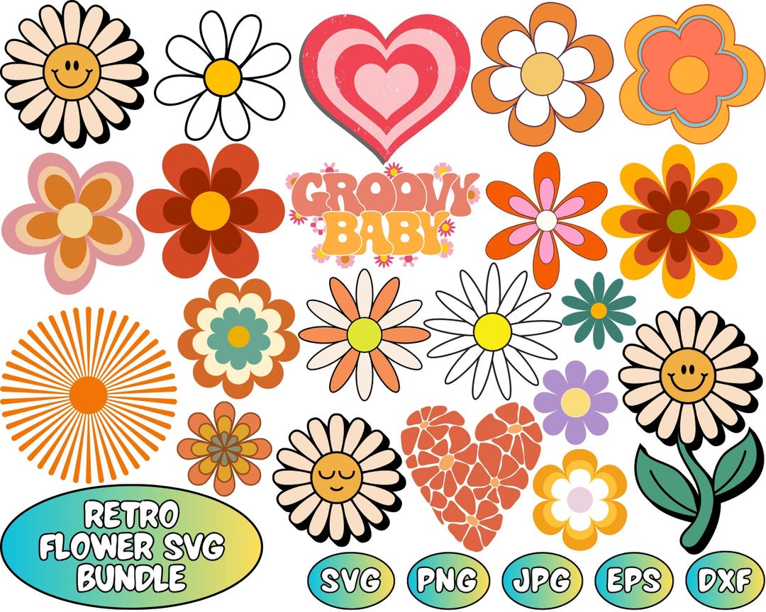 Retro Flowers Svg, Flower Clipart, Daisy Flower Cut File,boho Flower ...