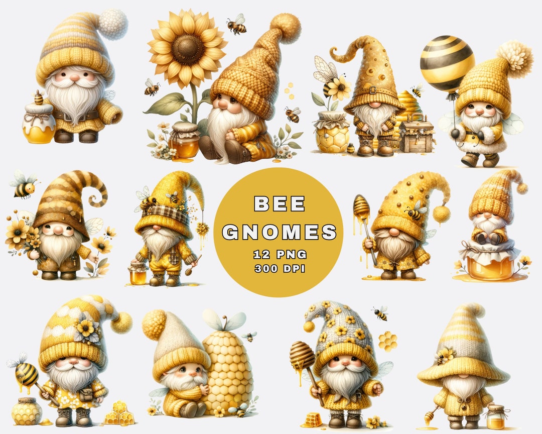 Honey Bee Gnomes Watercolor Clipart PNG, Bumble Bee Gnomes, Watercolor ...