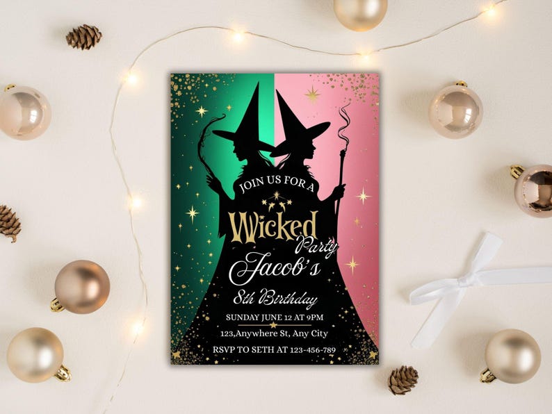 Wicked Movie Birthday Ticket Invitation, Elphaba Glinda Theme, Canva ...