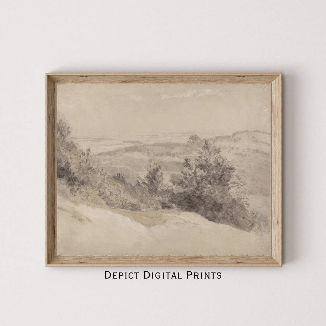 Muted Watercolor Painting, Neutral Country Landscape Drawing, Rustic ...