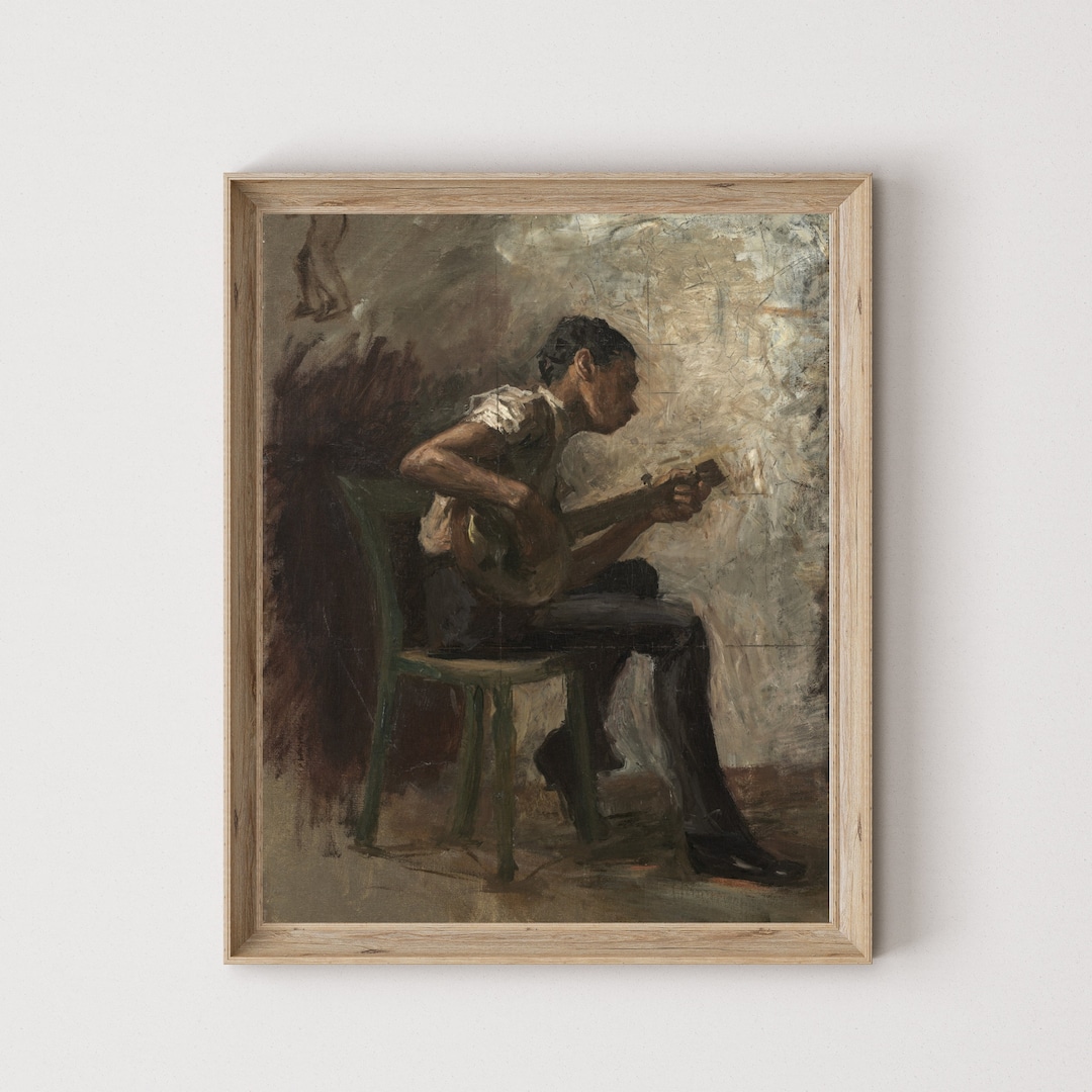 Vintage Banjo Player Portrait Painting, Boy Playing Music, Earth Toned ...