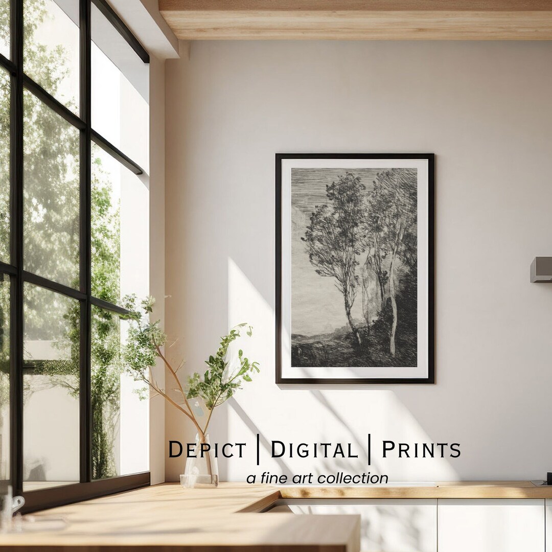Woodland Tree Art Drawing Inked Sketch Neutral Tree Landscape Wall