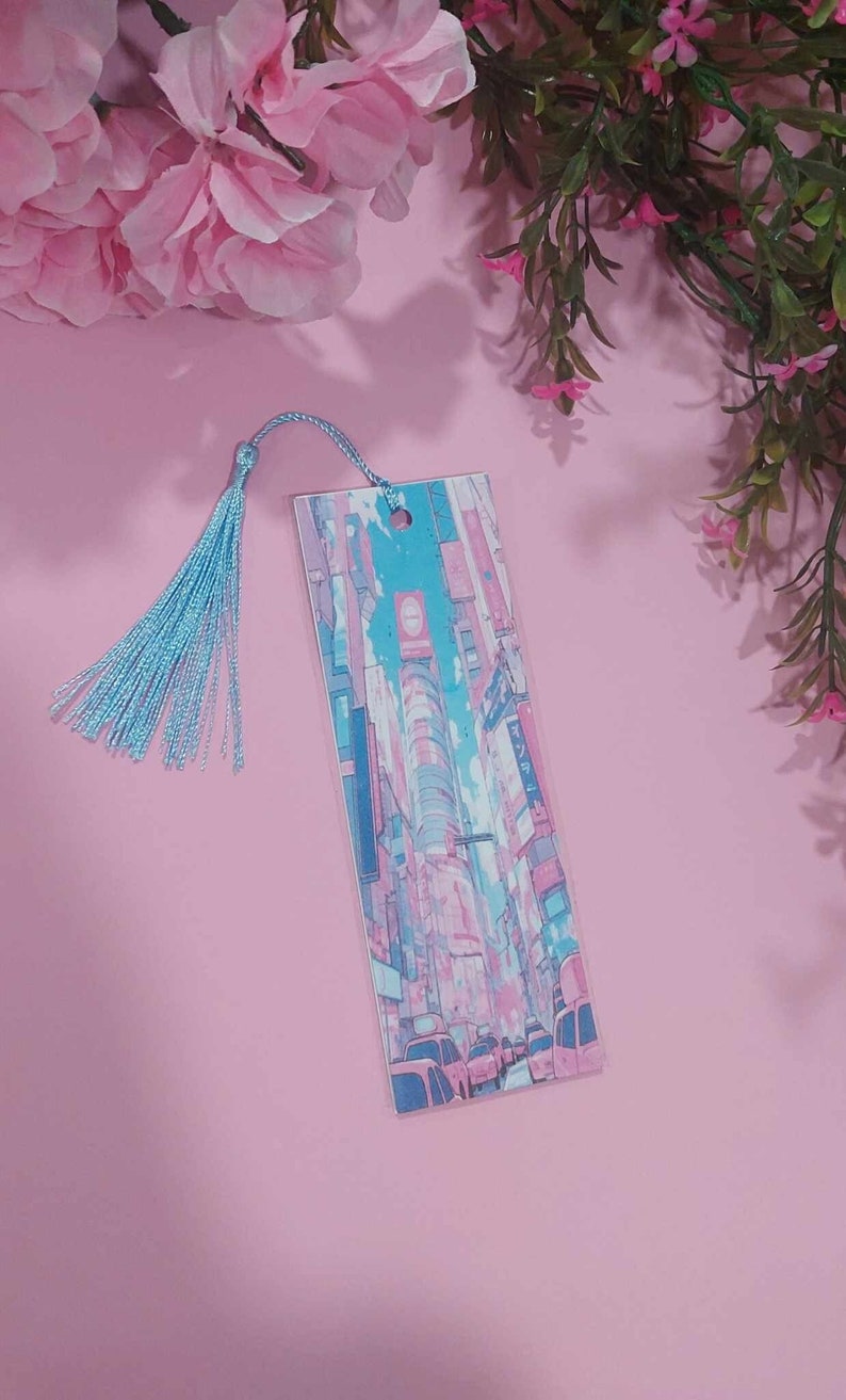 Blue and Pink Cityscape Laminated Bookmark Aesthetic Bookmark Birthday ...