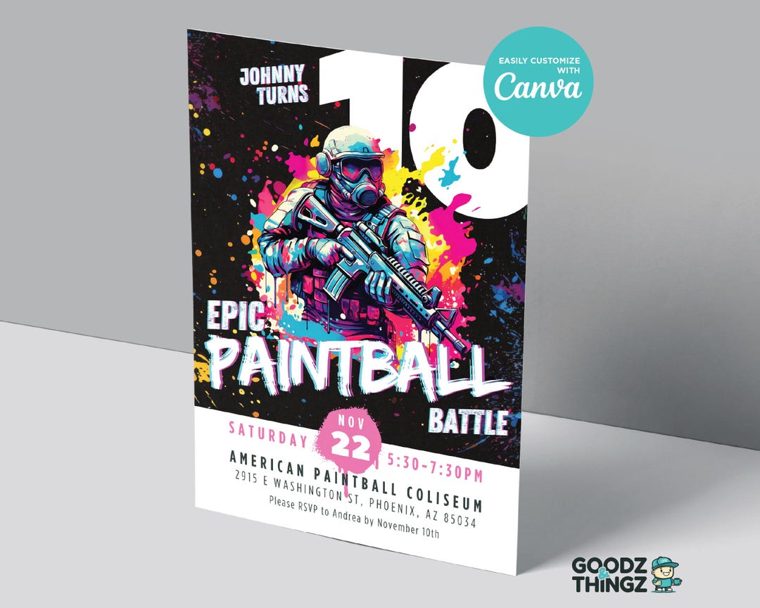 Paintball Battle Birthday Invitation Template, Instant Digital Download ...