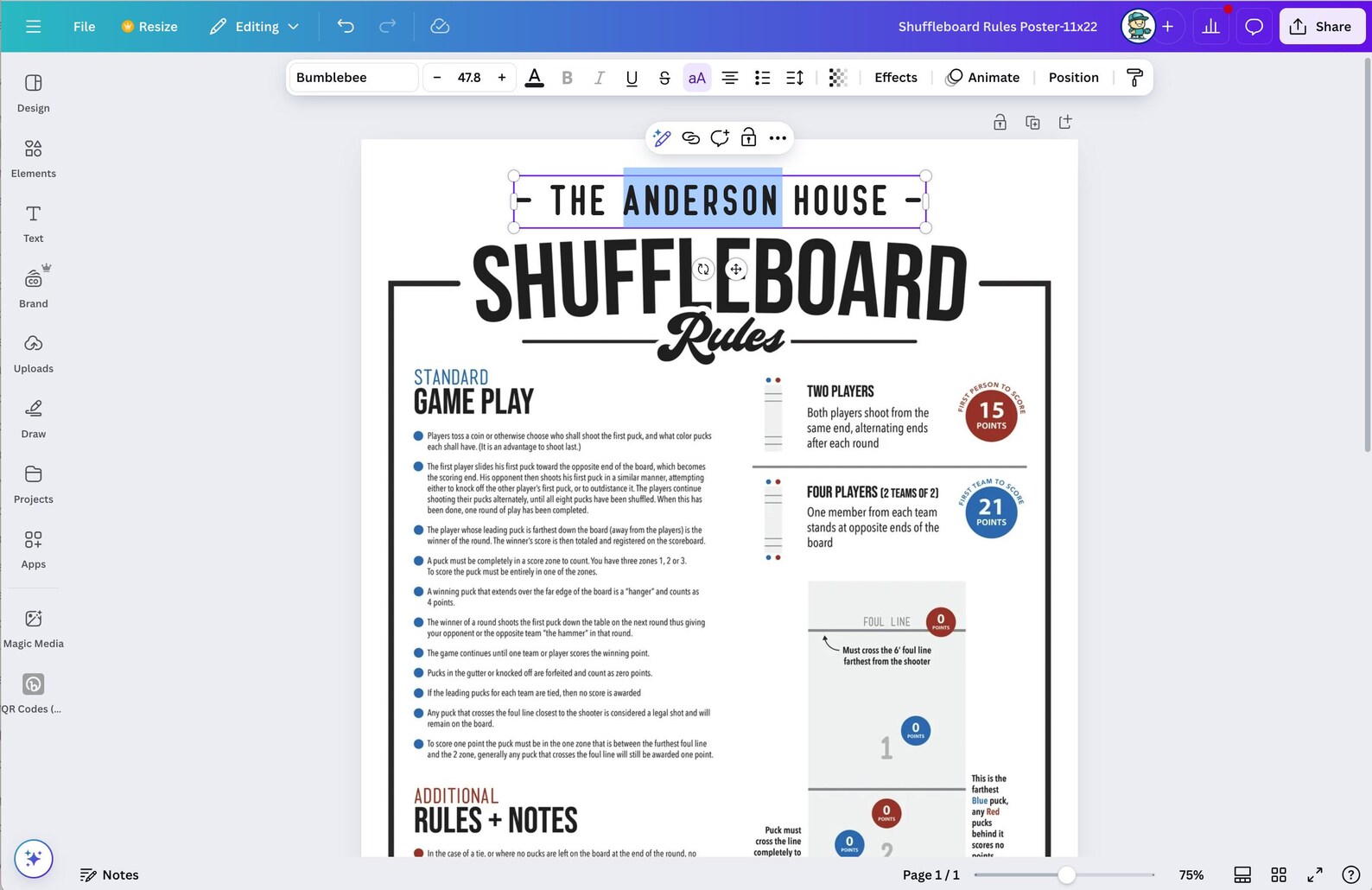 Shuffleboard Rules Poster, Personalized Game Room Sign (canva Template ...