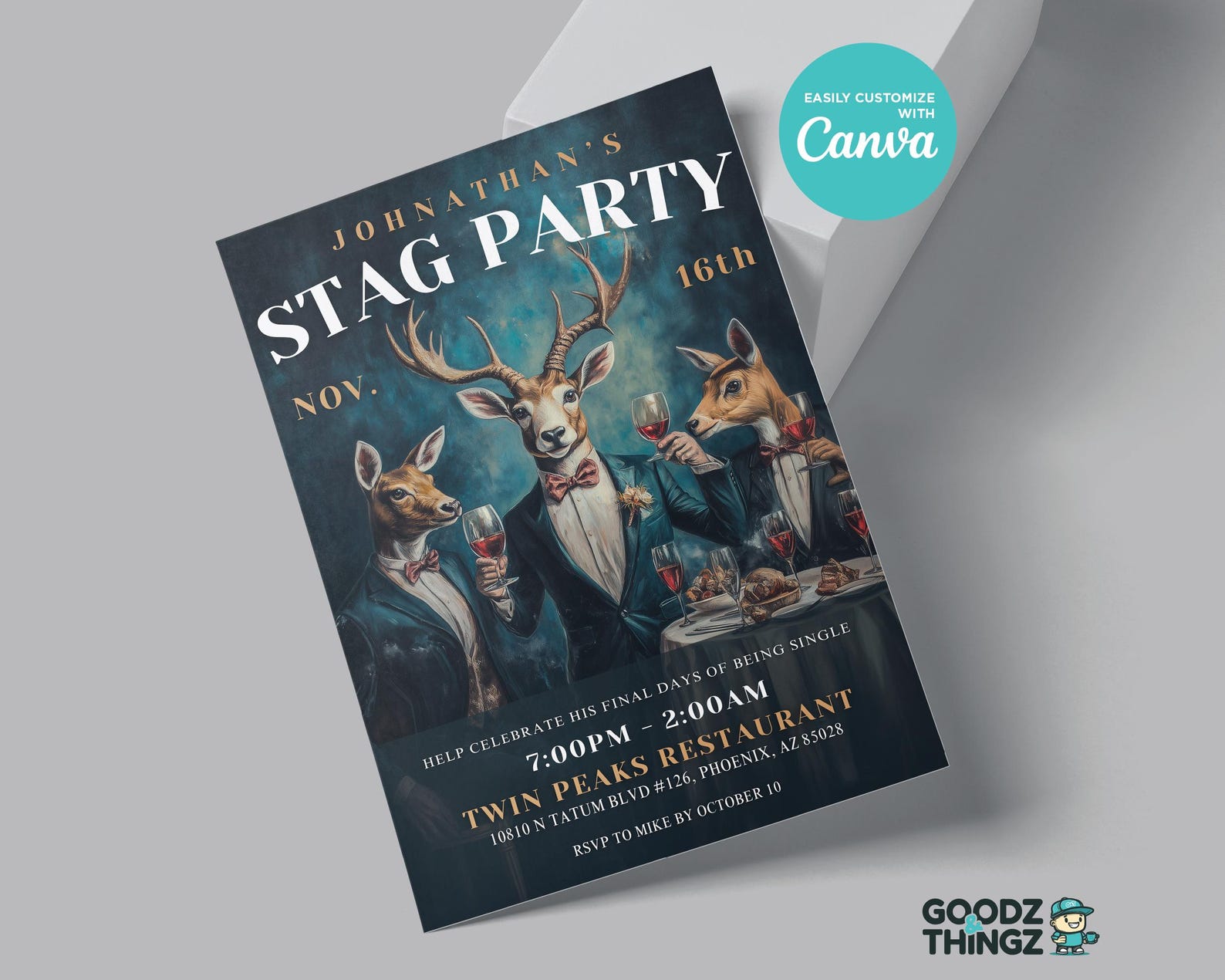 Stag Party Bachelor Invitation Template, Funny Animal Theme, Editable ...