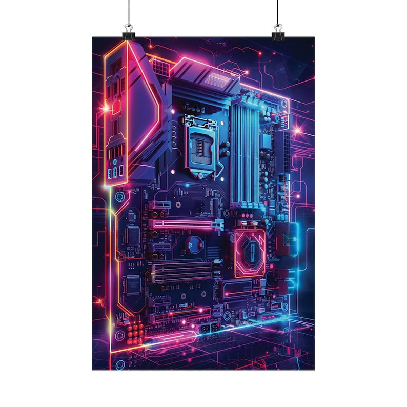 Epic Gamer Poster, PC Motherboard Technical Drawing, Retro Neon ...