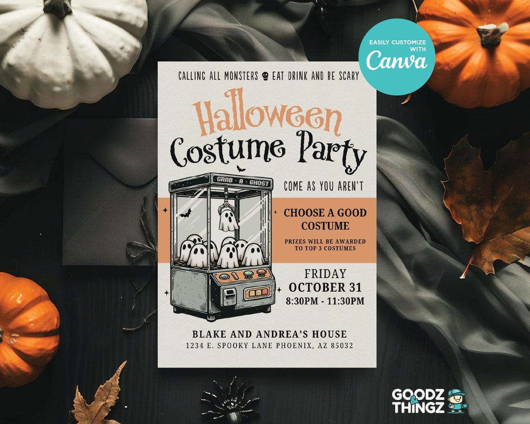 Halloween Costume Party Invite Template, Ghost Claw Machine, Instant ...