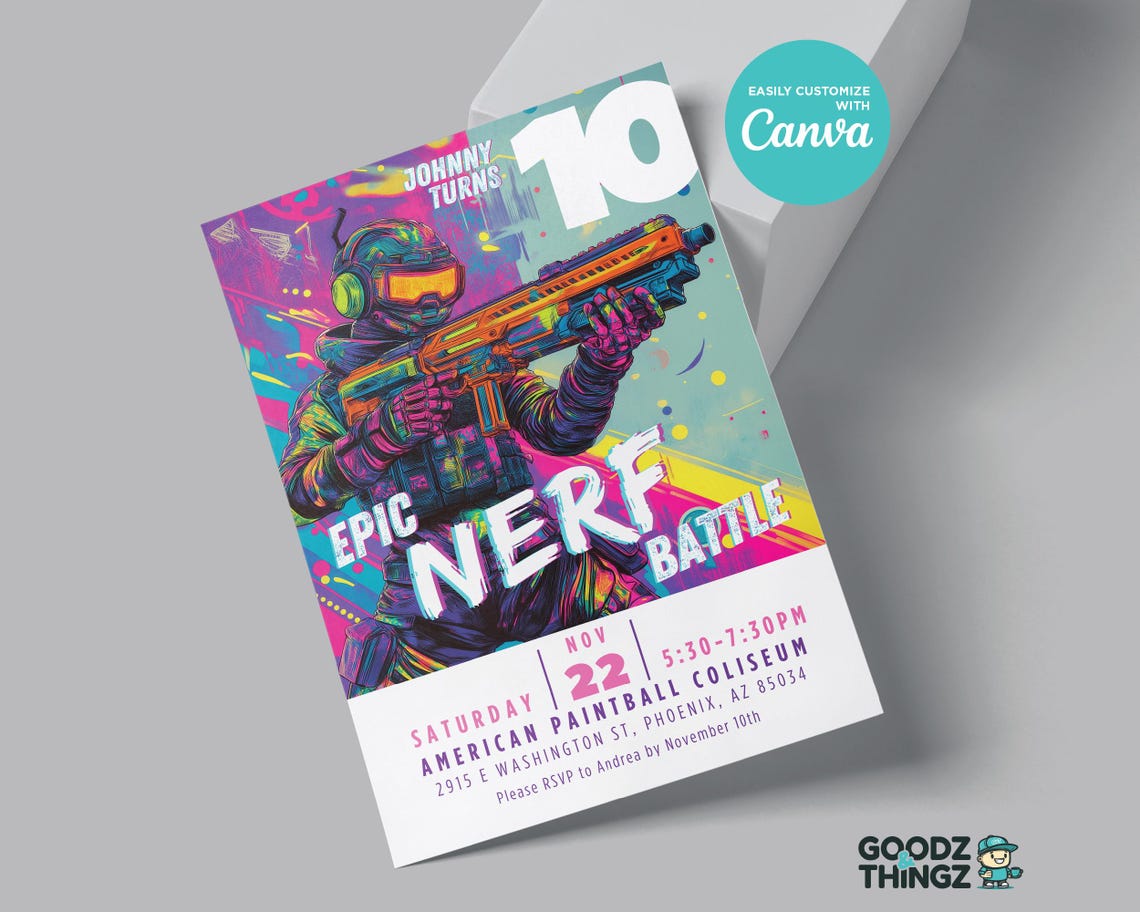 Nerf Battle Birthday Invitation Template, Customizable Canva (digital ...