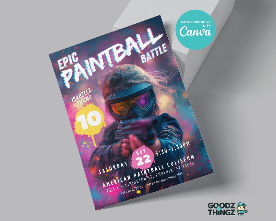 Paintball Birthday Invitation Template, Editable Canva, 5x7 (digital ...