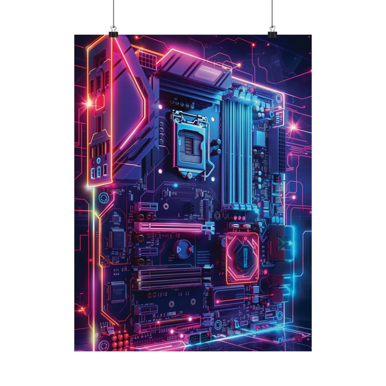 Epic Gamer Poster, PC Motherboard Technical Drawing, Retro Neon ...